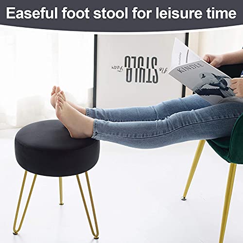 GERANT Multifunctional Vanity Stools - Velvet Round Ottoman Modern Dressing Stool -Upholstered Footrest Stool - Side Table Footstool with Golden Metal Leg for Living Room, Bedroom (Black)