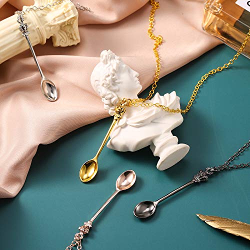 4 Pieces Spoon Necklace Teaspoon Pendant Necklace Crown Teaspoon Mini Spoon for Filling Vials with Salts, Sand, Glitter with Necklace Loop Pendant (Gold, Silver, Rose Gold, Black)