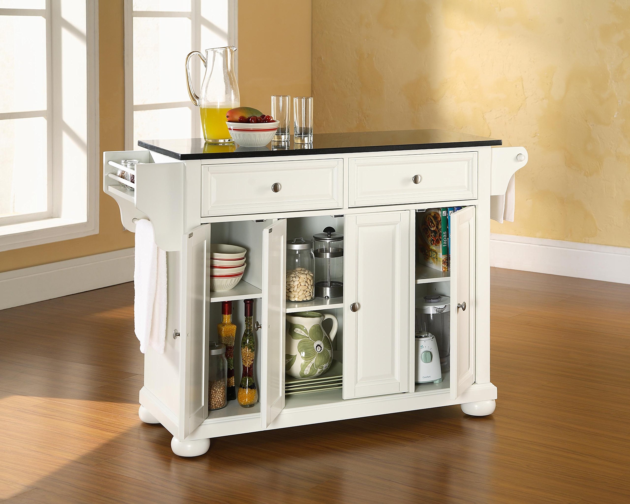 Crosley Furniture Alexandria Granite Top Rolling Kitchen Island Storage Cart, Microwave Stand, Spice Rack, White