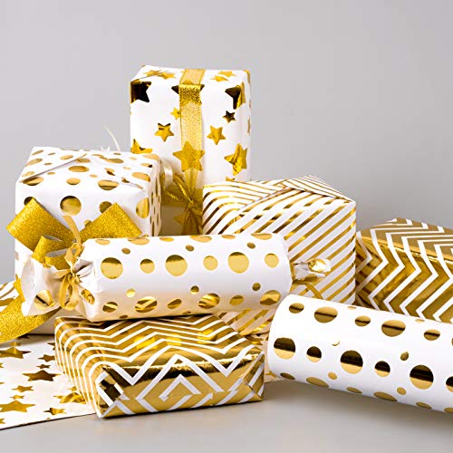 Whaline Gift Wrapping Paper Set 8 Sheet White Gold Wrapping Paper with 10 Pull Bows & 24 Yard Glitter Ribbon Star Dot Stripe Foil Decorative Art Paper for Birthday Christmas Valentine's Day