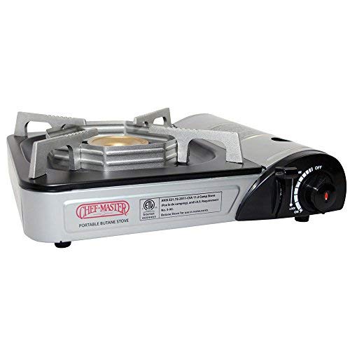 Chef Master 90011 Butane Countertop Stove ONLY, Portable Camping Stove 10,000 BTU Output Brass Burner, Piezo Ignition Portable Stove with High-Impact Carry Case for Emergency Use & Outdoor Cooking