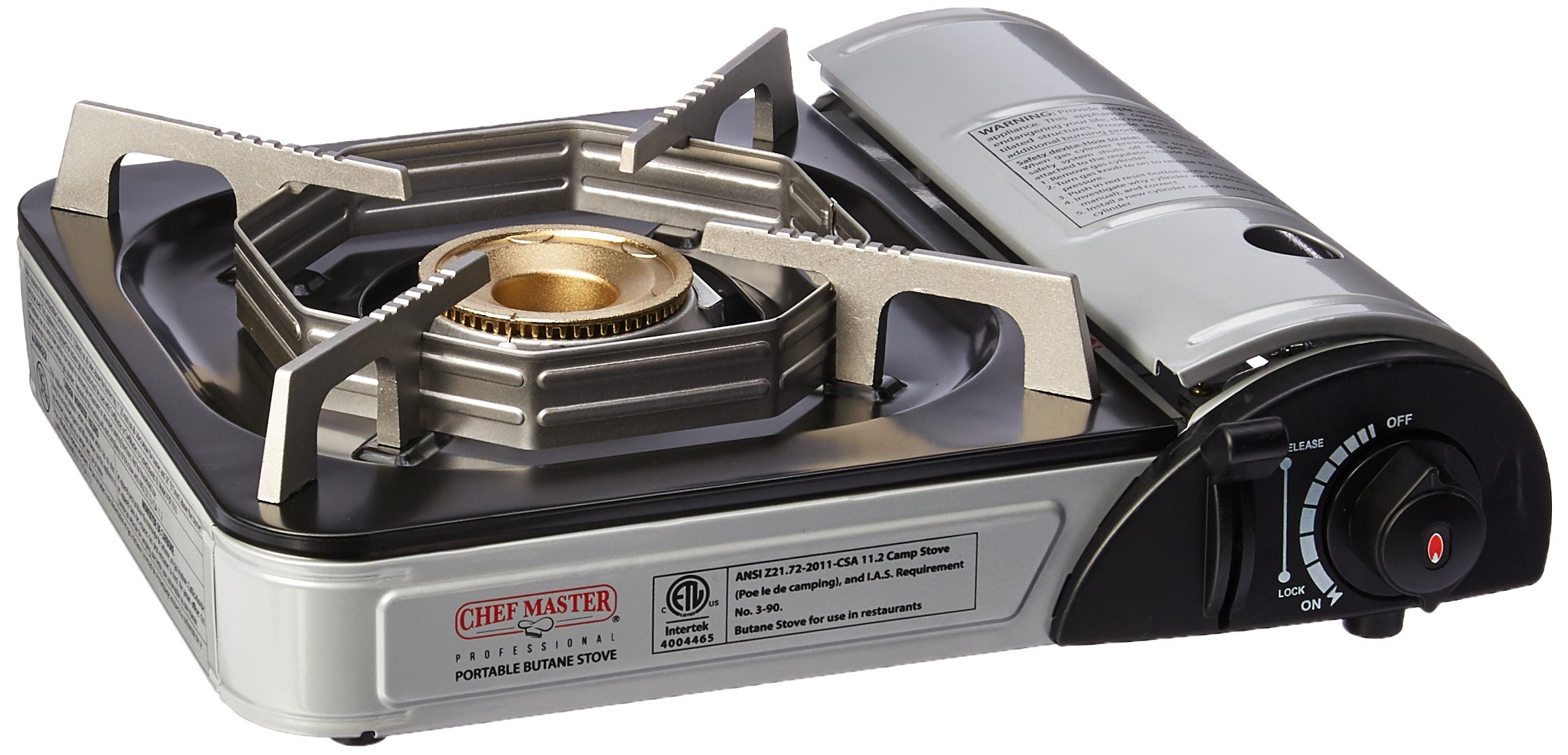 Chef Master 90011 Butane Countertop Stove ONLY, Portable Camping Stove 10,000 BTU Output Brass Burner, Piezo Ignition Portable Stove with High-Impact Carry Case for Emergency Use & Outdoor Cooking