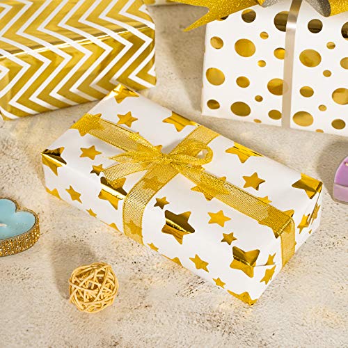 Whaline Gift Wrapping Paper Set 8 Sheet White Gold Wrapping Paper with 10 Pull Bows & 24 Yard Glitter Ribbon Star Dot Stripe Foil Decorative Art Paper for Birthday Christmas Valentine's Day