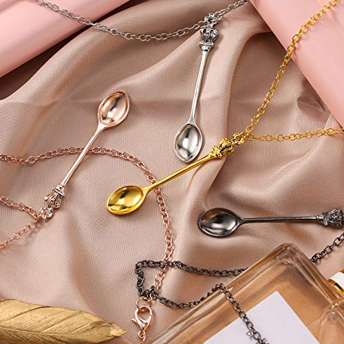 4 Pieces Spoon Necklace Teaspoon Pendant Necklace Crown Teaspoon Mini Spoon for Filling Vials with Salts, Sand, Glitter with Necklace Loop Pendant (Gold, Silver, Rose Gold, Black)