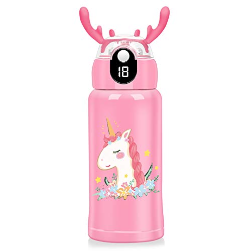 Temperature Display Kids Water Bottle，18 Oz，Straw Lid，Vacuum Insulated，316 Stainless Steel，Modern Double Walled Thermo Mug，Pink