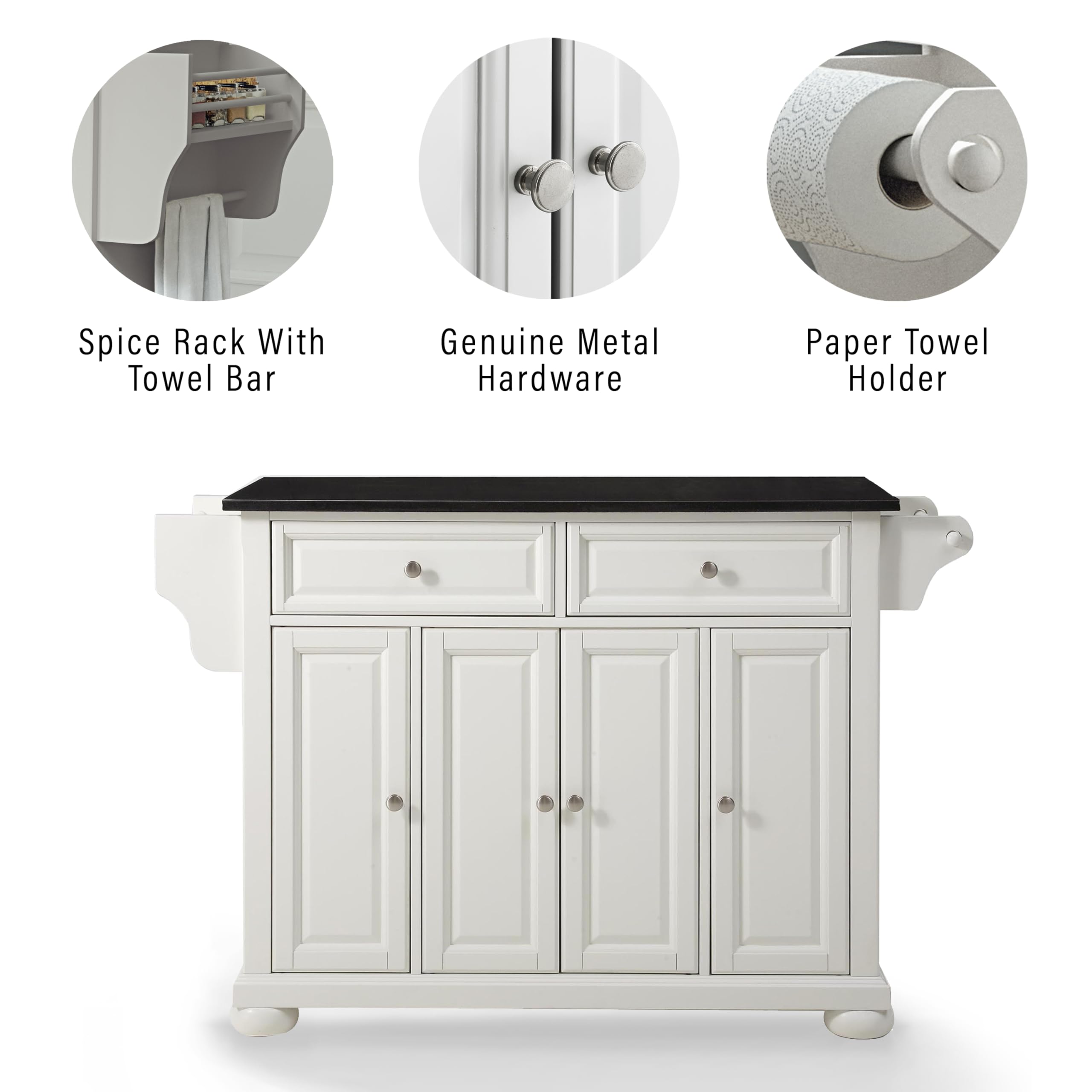 Crosley Furniture Alexandria Granite Top Rolling Kitchen Island Storage Cart, Microwave Stand, Spice Rack, White