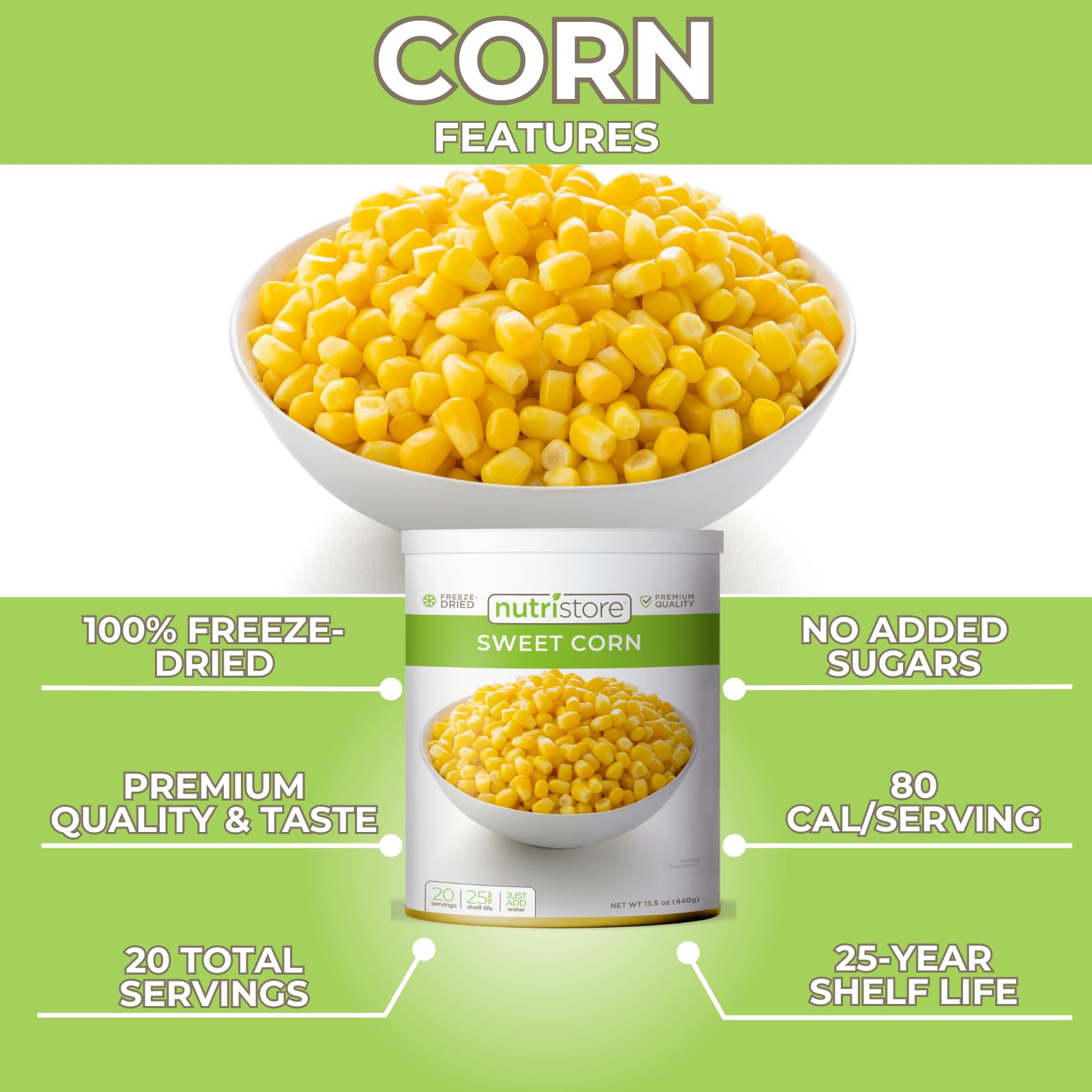 Nutristore Freeze Dried Corn | Premium Quality Vegetables for Healthy Snack or Long Term Storage | Emergency Survival Canned Food Supply | Bulk #10 Can Veggies | 25 Year Shelf Life | Made in USA