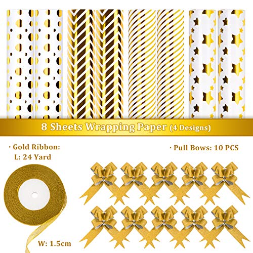 Whaline Gift Wrapping Paper Set 8 Sheet White Gold Wrapping Paper with 10 Pull Bows & 24 Yard Glitter Ribbon Star Dot Stripe Foil Decorative Art Paper for Birthday Christmas Valentine's Day