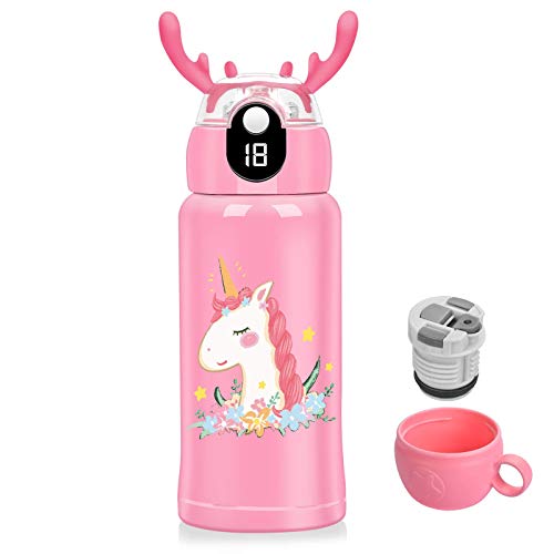 Temperature Display Kids Water Bottle,18 Oz,Straw Lid,Vacuum Insulated,316 Stainless Steel,Modern Double Walled Thermo Mug,Pink