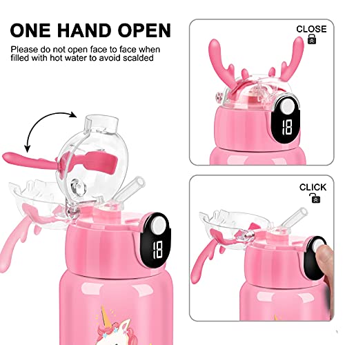 Temperature Display Kids Water Bottle,18 Oz,Straw Lid,Vacuum Insulated,316 Stainless Steel,Modern Double Walled Thermo Mug,Pink