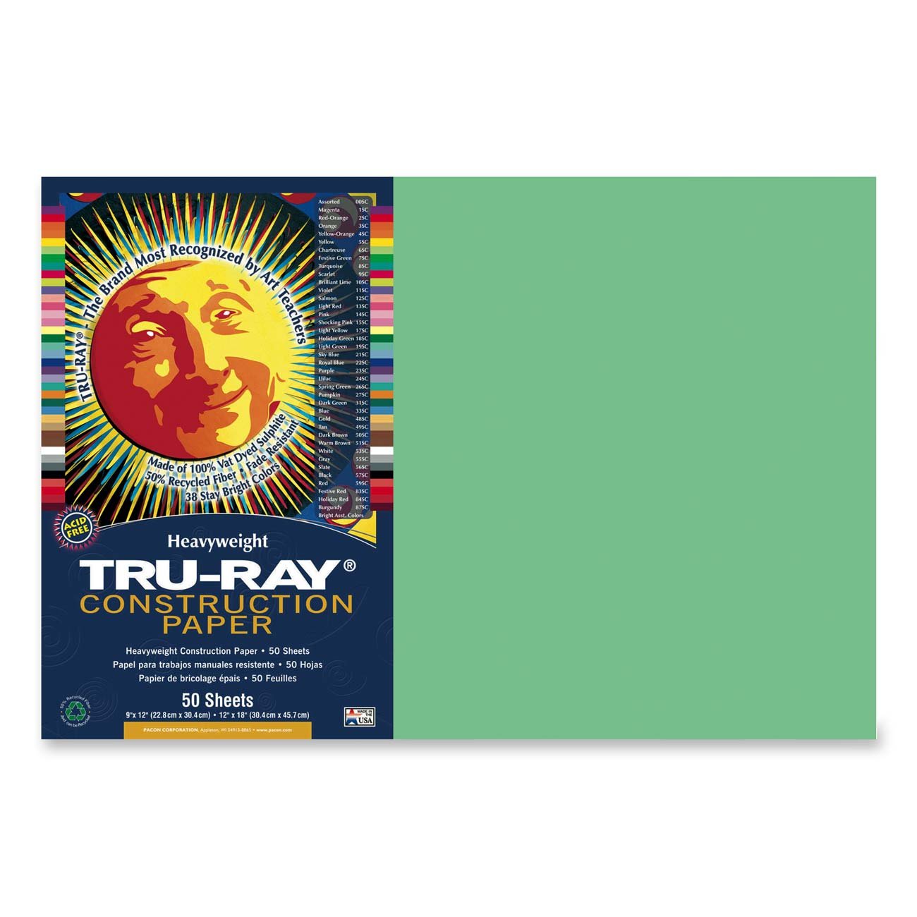 Pacon Tru-Ray Construction Paper, 76 lbs., 12 x 18, Light Green, 50 Sheets/Pack (103047)