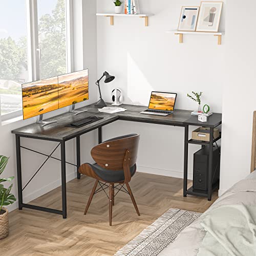 Ecoprsio L-Shaped Desk Large L Shaped Gaming Desk with Storage Shelves Oak Corner Desk Writing Study Table for Home Office Gaming Workstation, Oak and Black