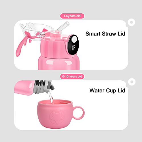 Temperature Display Kids Water Bottle,18 Oz,Straw Lid,Vacuum Insulated,316 Stainless Steel,Modern Double Walled Thermo Mug,Pink