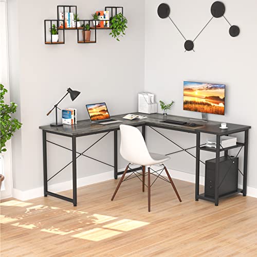 Ecoprsio L-Shaped Desk Large L Shaped Gaming Desk with Storage Shelves Oak Corner Desk Writing Study Table for Home Office Gaming Workstation, Oak and Black