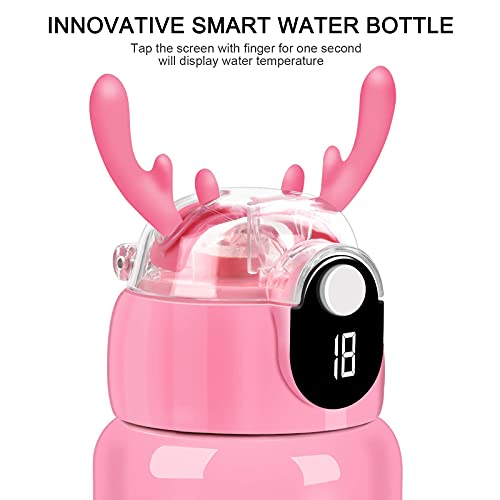 Temperature Display Kids Water Bottle,18 Oz,Straw Lid,Vacuum Insulated,316 Stainless Steel,Modern Double Walled Thermo Mug,Pink