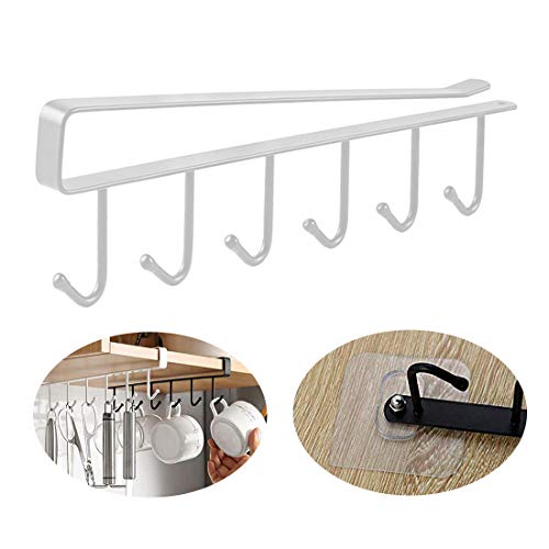 YIHAIXINGWEI White Cup Holder Under Cabinet 6 Hook Coffee Cup Mug Holder for Kitchen, Fit for 1 Inch Thickness Shelf or Less (with Adhesive).