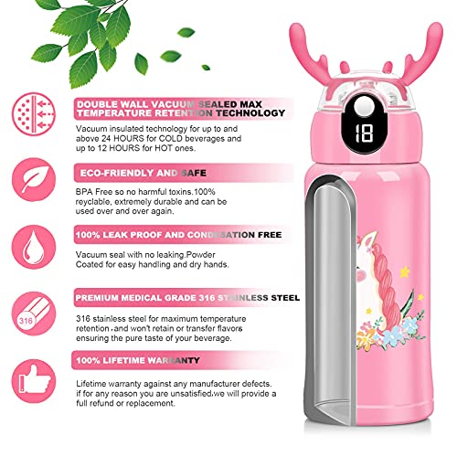 Temperature Display Kids Water Bottle,18 Oz,Straw Lid,Vacuum Insulated,316 Stainless Steel,Modern Double Walled Thermo Mug,Pink