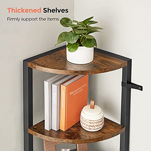 VASAGLE 5 Tier Corner Shelf Stand, Corner Bookshelf, Tall Corner Storage Shelves, Industrial Rack Plant Stand for Living Room, Bedroom, Home Office, Rustic Brown and Black ULLS801B01