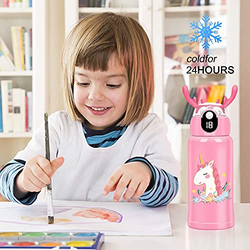 Temperature Display Kids Water Bottle,18 Oz,Straw Lid,Vacuum Insulated,316 Stainless Steel,Modern Double Walled Thermo Mug,Pink