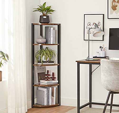 VASAGLE 5 Tier Corner Shelf Stand, Corner Bookshelf, Tall Corner Storage Shelves, Industrial Rack Plant Stand for Living Room, Bedroom, Home Office, Rustic Brown and Black ULLS801B01
