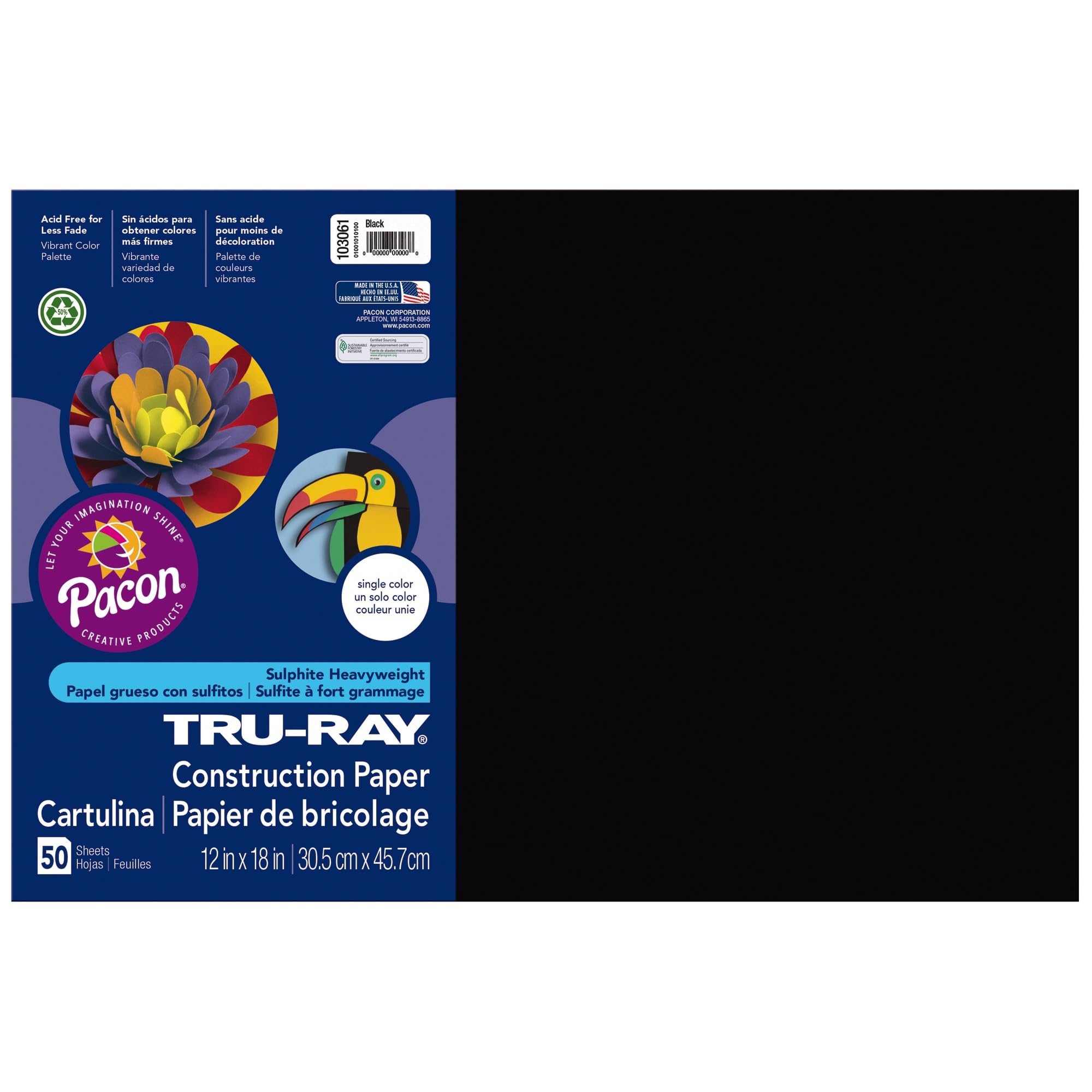 Tru-Ray Construction Paper - 12 x 18 - Pack of 50 Sheets - Black