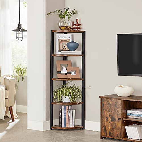VASAGLE 5 Tier Corner Shelf Stand, Corner Bookshelf, Tall Corner Storage Shelves, Industrial Rack Plant Stand for Living Room, Bedroom, Home Office, Rustic Brown and Black ULLS801B01