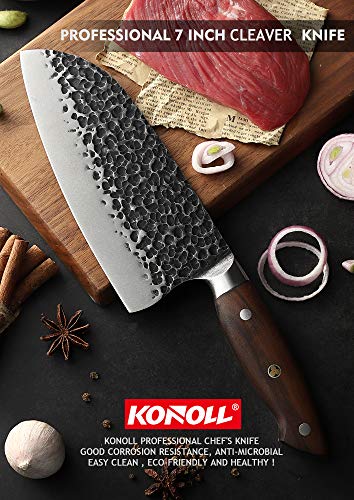 KONOLL Meat Cleaver 7 inch Forged Hammered Kitchen Knife German High Carbon Steel Chinese Knife with solid wood Handle,Butcher knives Vegetable Cutting Knife