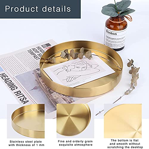 Round Gold Tray, Dedoot Decorative Tray Small - 7.8inch Stainless Steel Metal Tray Organizer Storage Organizer Vanity Trays for Jewelry Cosmetics Coffee Tea Candle, Bathroom Plate Kitchen Tableware