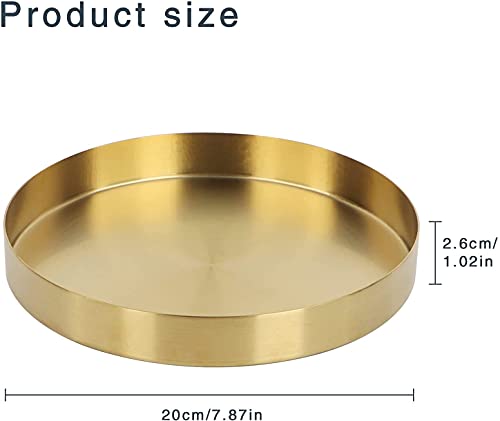 Round Gold Tray, Dedoot Decorative Tray Small - 7.8inch Stainless Steel Metal Tray Organizer Storage Organizer Vanity Trays for Jewelry Cosmetics Coffee Tea Candle, Bathroom Plate Kitchen Tableware