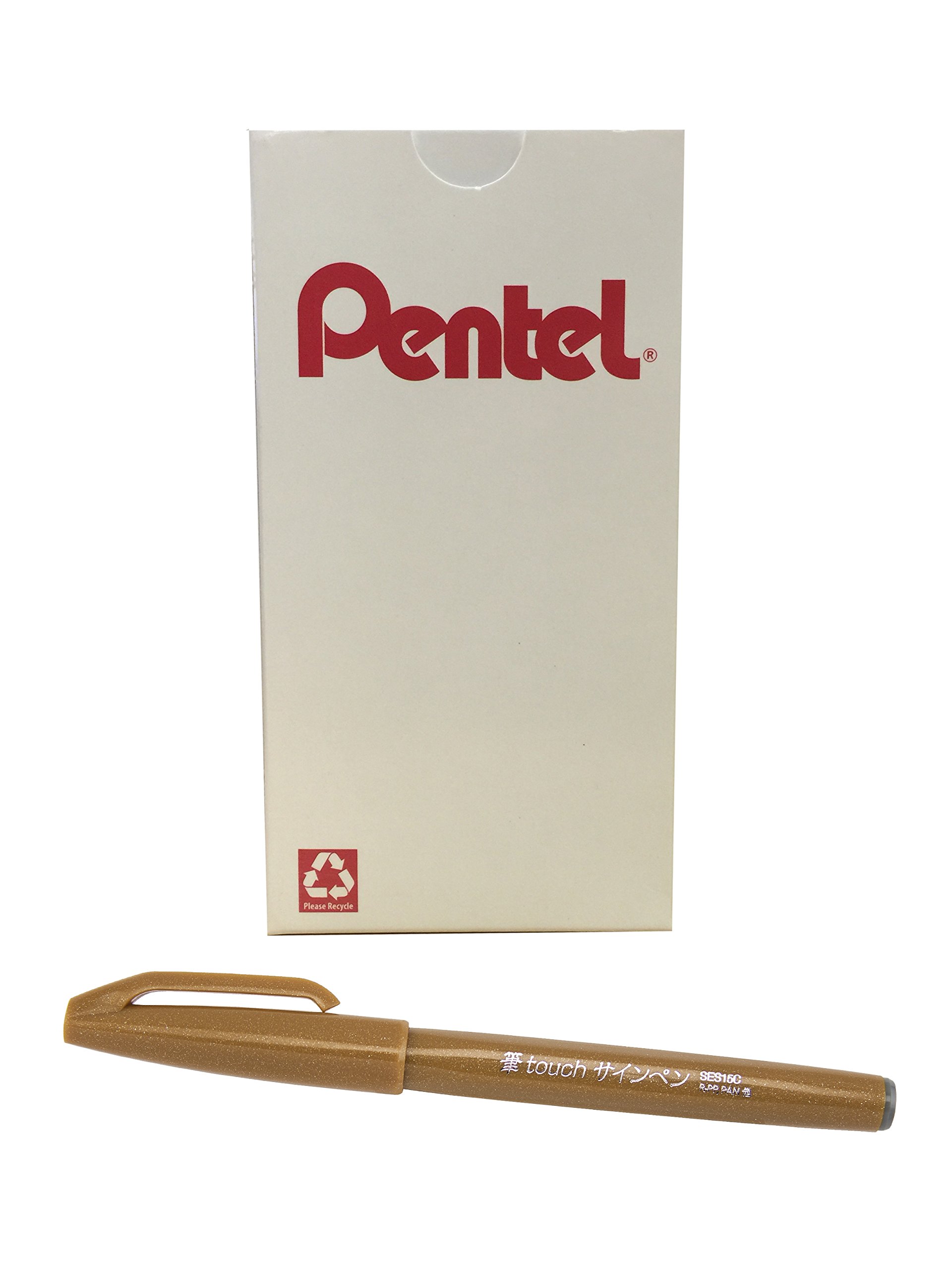 Pentel Arts Sign Pen Touch, Fude Brush Tip, Ochre Ink, Box of 12 (SES15C-Y)