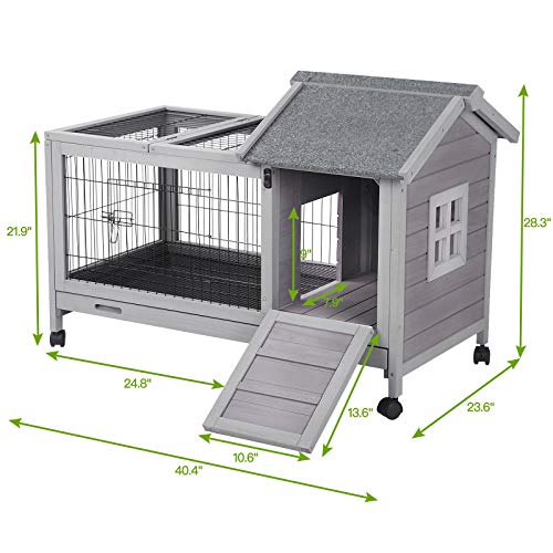 Indoor Rabbit Hutch Bunny Cage with 4 Casters, Bunny Hutch -Removable Wire Grate