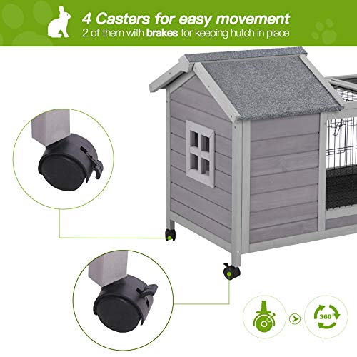 Indoor Rabbit Hutch Bunny Cage with 4 Casters, Bunny Hutch -Removable Wire Grate