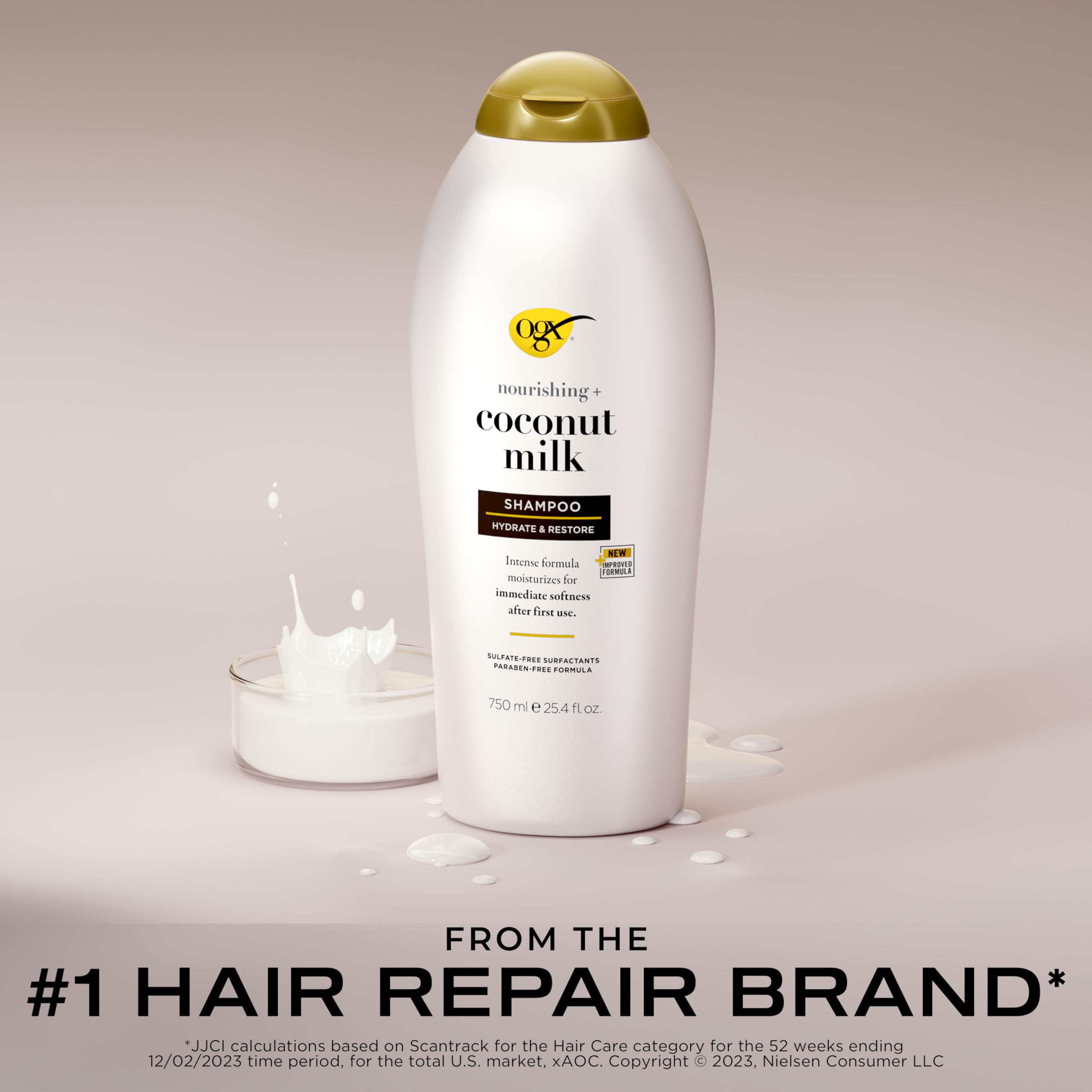 OGX Nourishing + Coconut Milk Shampoo, Hydrating & Restoring Shampoo Moisturizes for Soft Hair After the First Use, Paraben-Free, Sulfate-Free Surfactants, 25.4 fl. oz