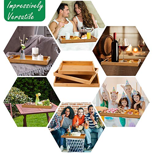 3 Pack Bamboo Serving Tray with Handles, Food Trays for Coffee Breakfast Dinner Tea, Rectangular Wooden Decor Tray Used in Kitchen, Dining Room, Party, Restaurants (Natural)