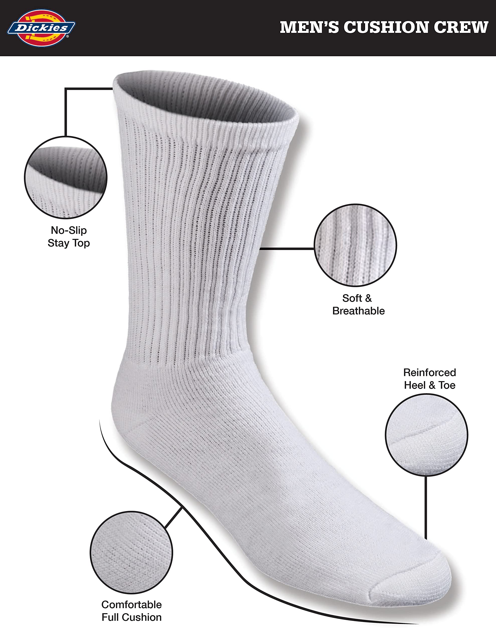 Dickies Men's All Purpose Cushion Crew Socks, Available in M-XL (6, 12, White (6 Pairs), Large