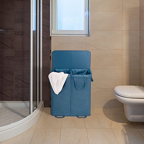 Lifewit Double Laundry Hamper with Lid and Removable Laundry Bags, Large Collapsible 2 Dividers Dirty Clothes Basket with Handles for Bedroom, Laundry Room, Closet, Bathroom, College, Grey and Blue