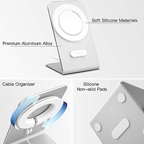 PZOZ Charger Stand Compatible for Apple MagSafe Charger, Aluminum Alloy Charging Station Dock Cable Management Clips, Cord Organizer Holder Stand for iPhone 13 12 Mini, Pro, Pro Max (Silver)