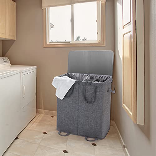 Lifewit Double Laundry Hamper with Lid and Removable Laundry Bags, Large Collapsible 2 Dividers Dirty Clothes Basket with Handles for Bedroom, Laundry Room, Closet, Bathroom, College, Grey and Blue