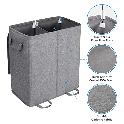 Lifewit Double Laundry Hamper with Lid and Removable Laundry Bags, Large Collapsible 2 Dividers Dirty Clothes Basket with Handles for Bedroom, Laundry Room, Closet, Bathroom, College, Grey and Blue