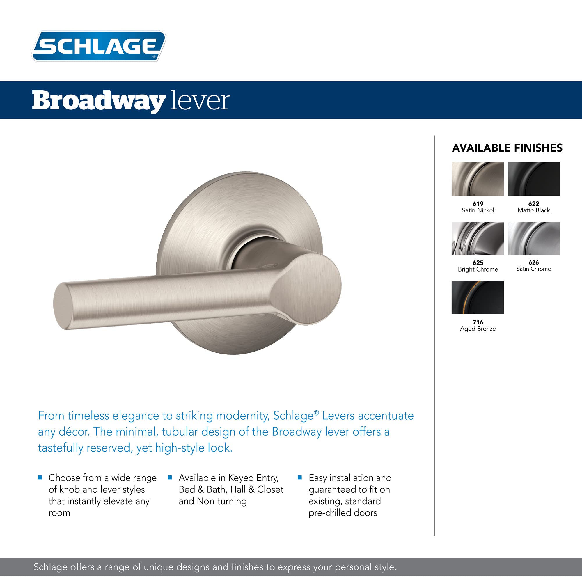 Schlage F10 BRW 619 Broadway Door Lever, Hall & Closet Passage Lock, Satin Nickel