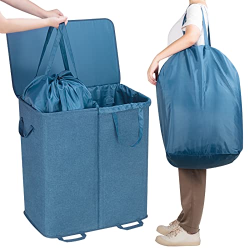 Lifewit Double Laundry Hamper with Lid and Removable Laundry Bags, Large Collapsible 2 Dividers Dirty Clothes Basket with Handles for Bedroom, Laundry Room, Closet, Bathroom, College, Grey and Blue