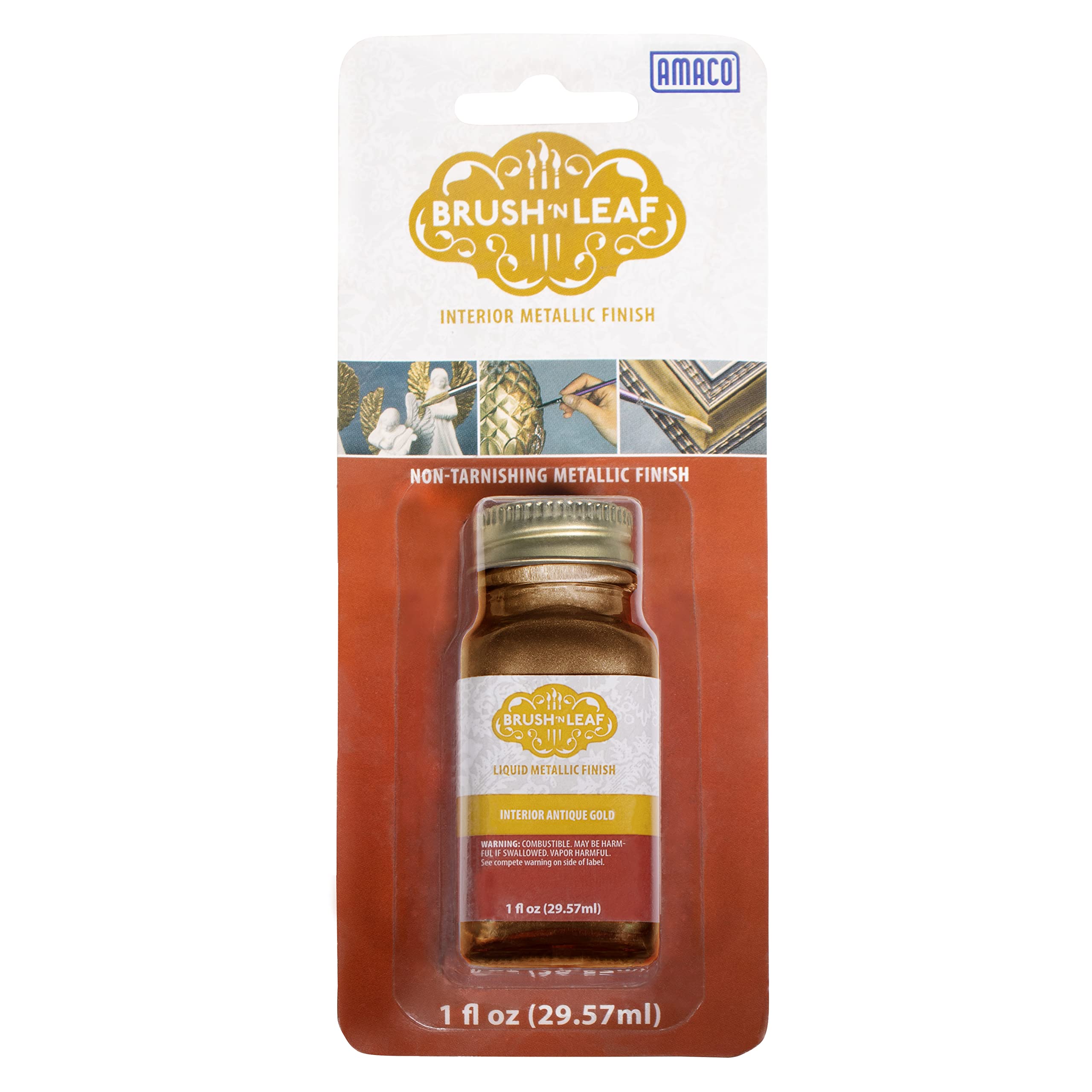 AMACO Brush ‘n Leaf - Antique Gold Leaf 1oz Bottle - Liquid Gold Leaf Paint for Metal Wood Ceramic and More - Interior Liquid Leaf Paint for Objects and Furniture