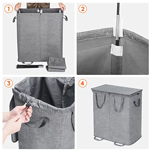 Lifewit Double Laundry Hamper with Lid and Removable Laundry Bags, Large Collapsible 2 Dividers Dirty Clothes Basket with Handles for Bedroom, Laundry Room, Closet, Bathroom, College, Grey and Blue