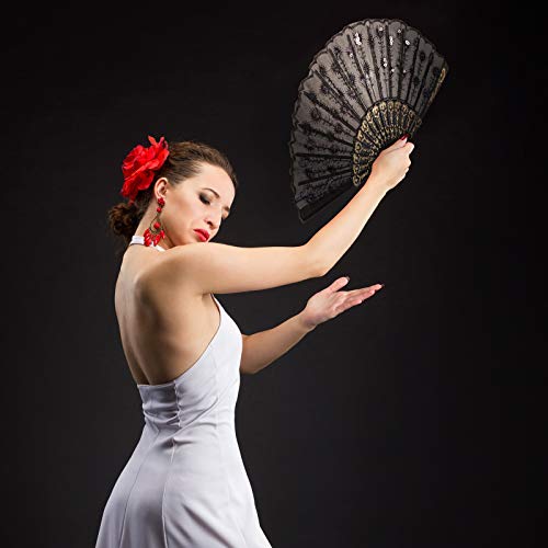 2 Pieces of Sequin Fabric Folding Fans Embroidered Flower Lace Trim Peacock Fan Fabric Plastic Folding Handheld Fan for Women Hand Craft (Red, Black)