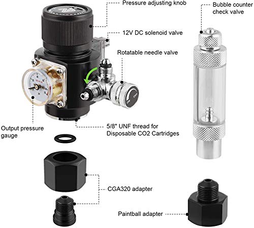 FZONE Aquarium CO2 Regulator Mini Series V3.0 Dual Stage with DC Solenoid and Bubble Counter Check Valve Compatible Paintball Tank CGA320 CO2 Cylinde