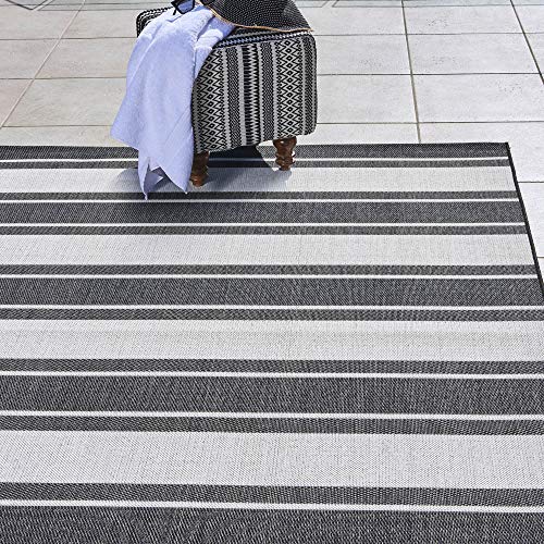 Gertmenian Indoor Outdoor Area Rug, Classic Flatweave, Washable, Stain & UV Resistant Carpet, Deck, Patio, Poolside & Mudroom, 5x7 Ft Standard, Stripes, Black White, 37706