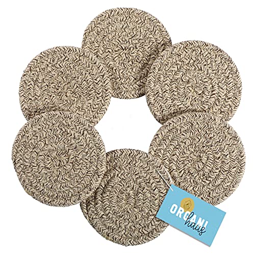 OrganiHaus Set of 6 Brown Cute Coasters for Drinks | Absorbent Coasters | Farmhouse Coasters for Coffee Table | Desk Cup Coasters | Rustic Aesthetic Boho Coasters | Moisture Absorbing Woven Coasters
