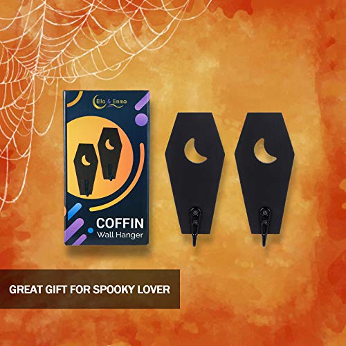 Ella & Emma Wall Mounted Coffin-Shaped Key Holder - Gothic Home Decor Wall Hanger with Hook - Wall Coffin Key Holder with Crescent Moon Cutout - Gothic & Spooky Halloween Decor for Home - 2 Pieces