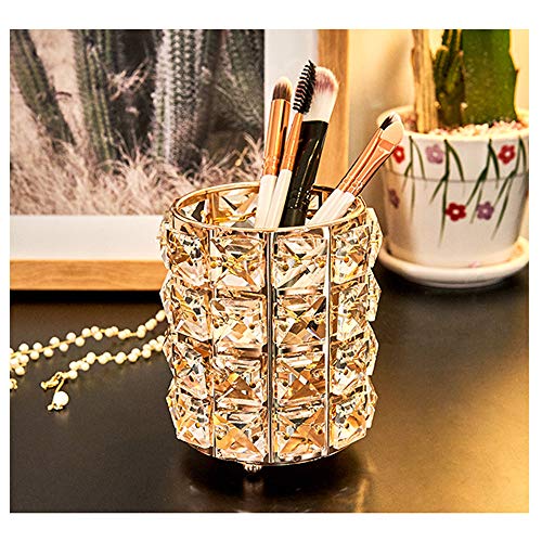 Luckymoo Crystal Beads Makeup Brush Holder Brush Pen Pencil Holder Pot Cup Pencil and Make Up Storage Cup, Round Luxurious Jewelry Rack (Golden)