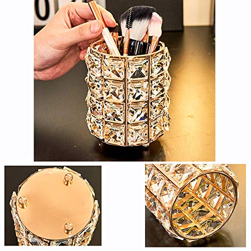 Luckymoo Crystal Beads Makeup Brush Holder Brush Pen Pencil Holder Pot Cup Pencil and Make Up Storage Cup, Round Luxurious Jewelry Rack (Golden)